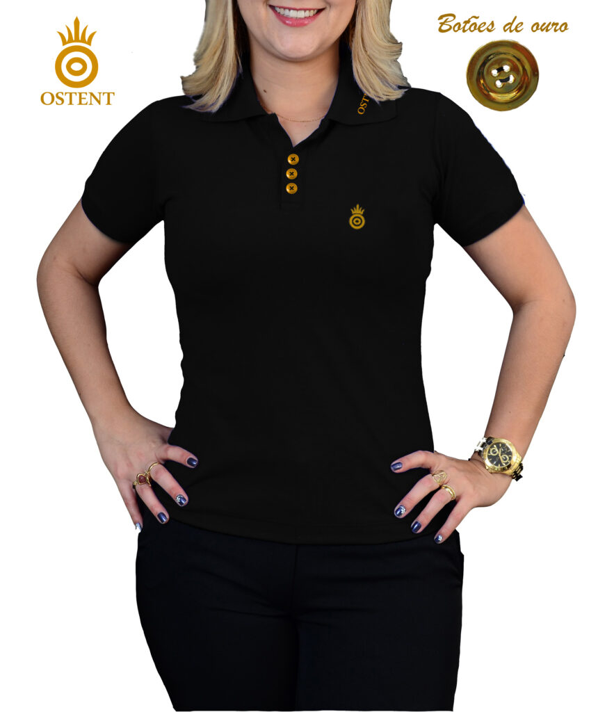 Camisa Básica Polo Preta Feminina Com Botões De Ouro – Marca Ostent ...